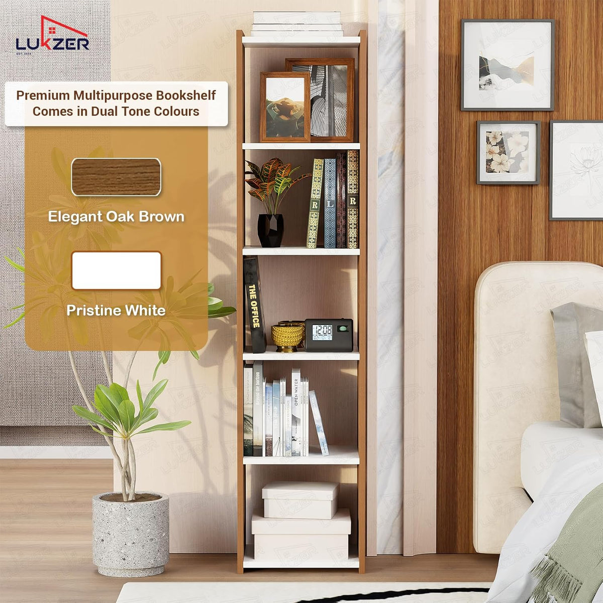 Lukzer Dual Tone Engineered Wood 5-Layer Bookshelf Easy to Assemble (M