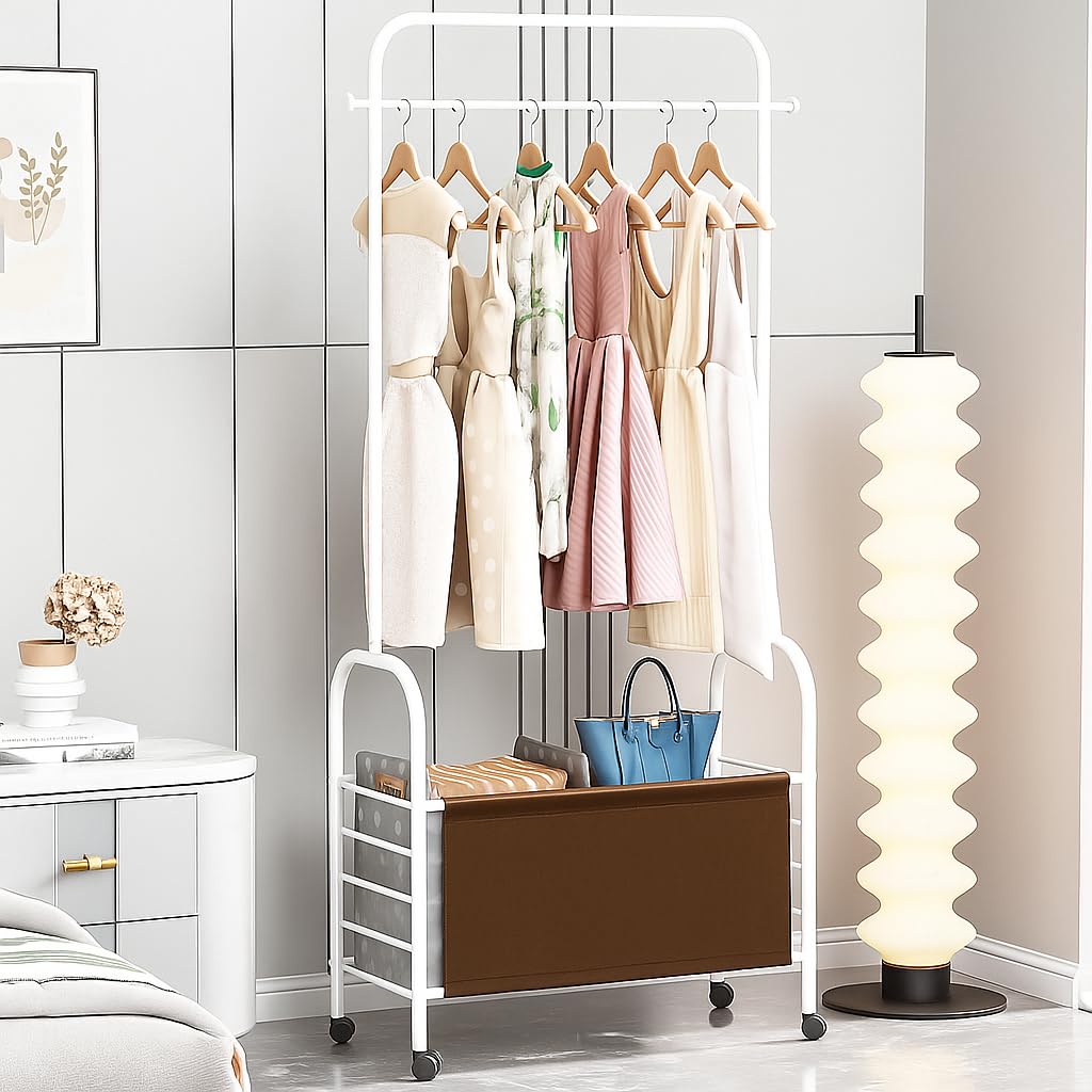 Lukzer Metal Clothes Rail Stand with Leather Storage Bin & Wheels (MGR