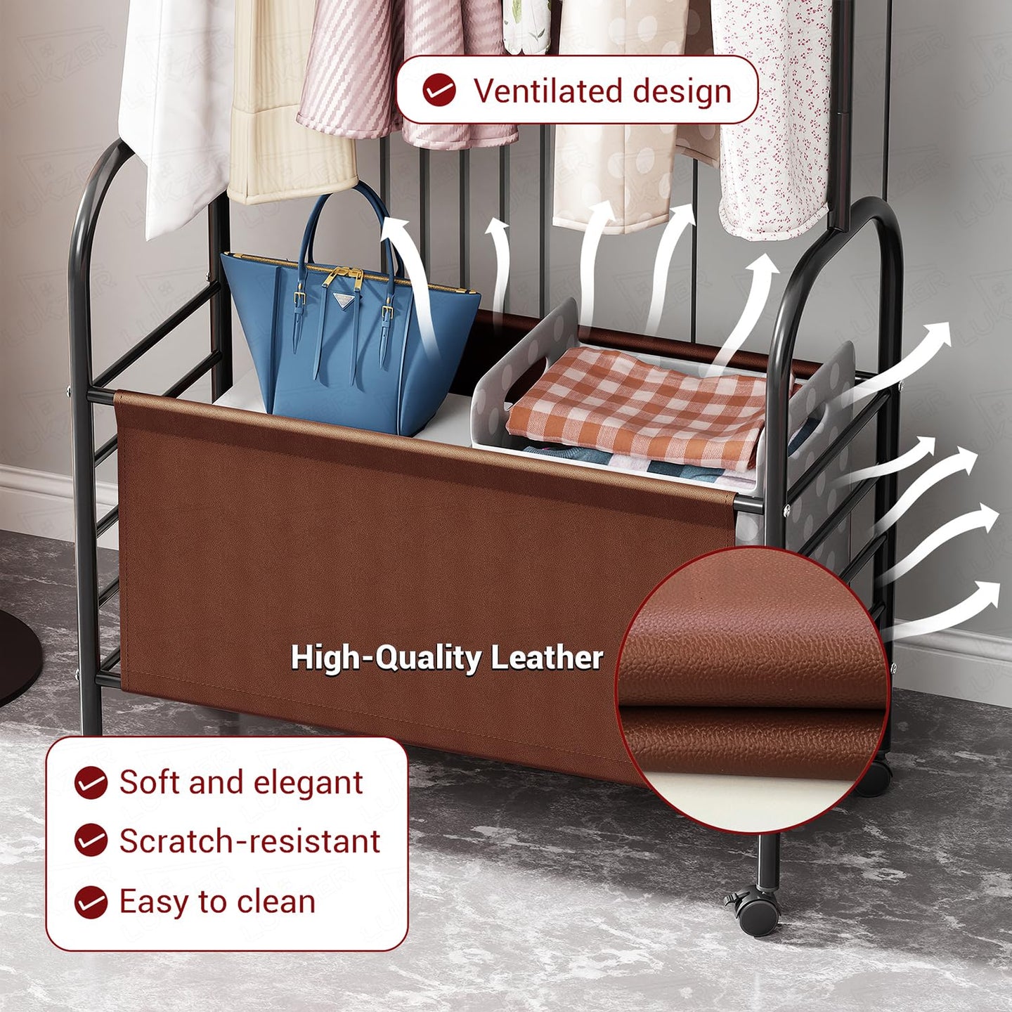 Lukzer Metal Clothes Rail Stand with Leather Storage Bin & Wheels (MGR